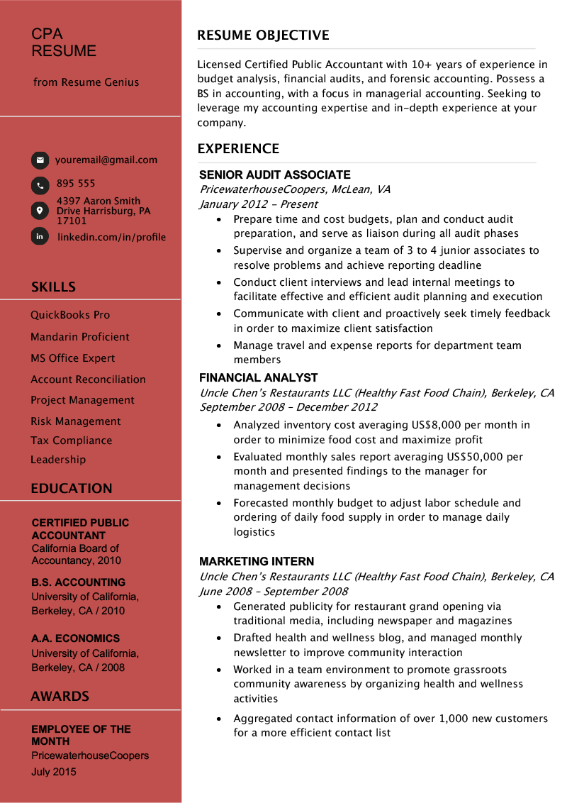 Certified Public Accountant CPA Resume Example Tips Resume Genius