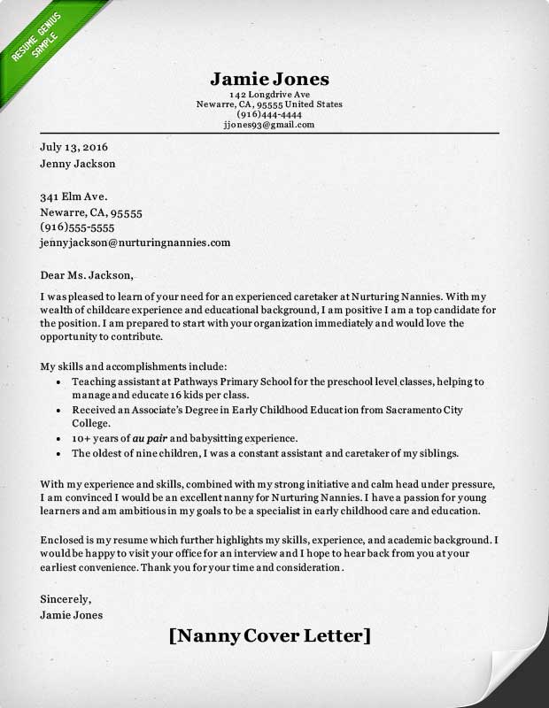 Nanny And Caregiver Cover Letter Samples Resume Genius