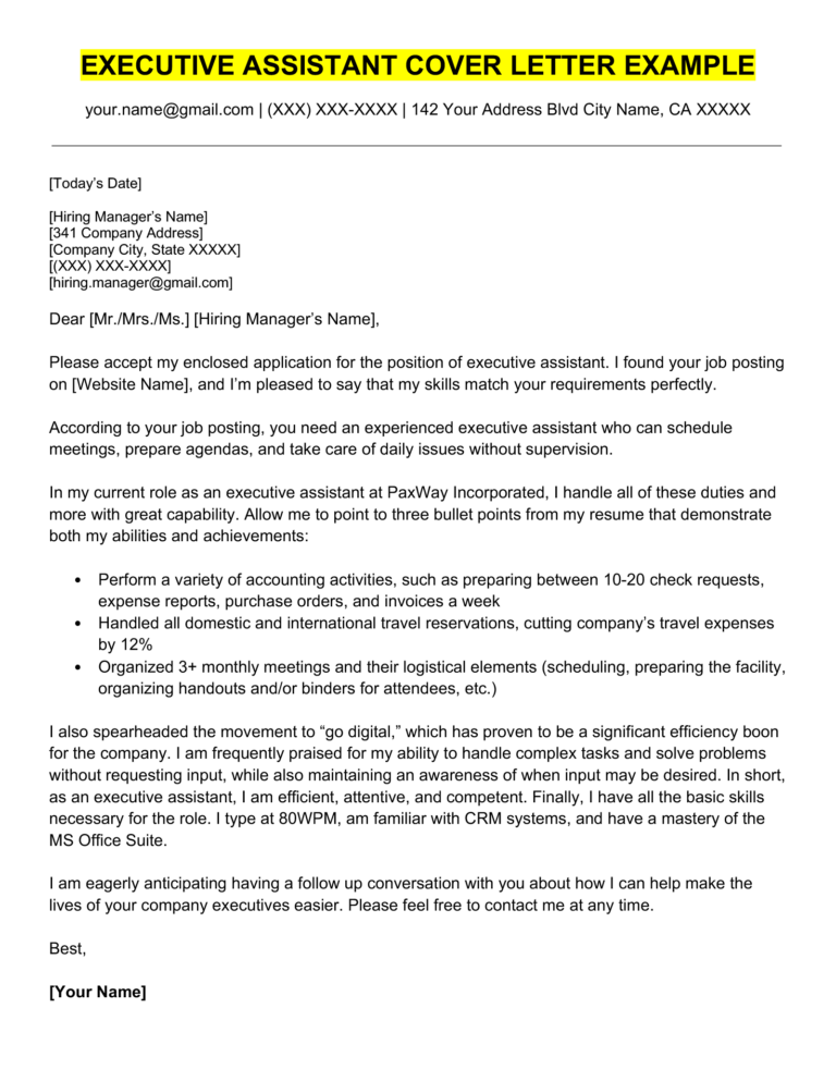 Executive Assistant Cover Letter (Example & Tips)