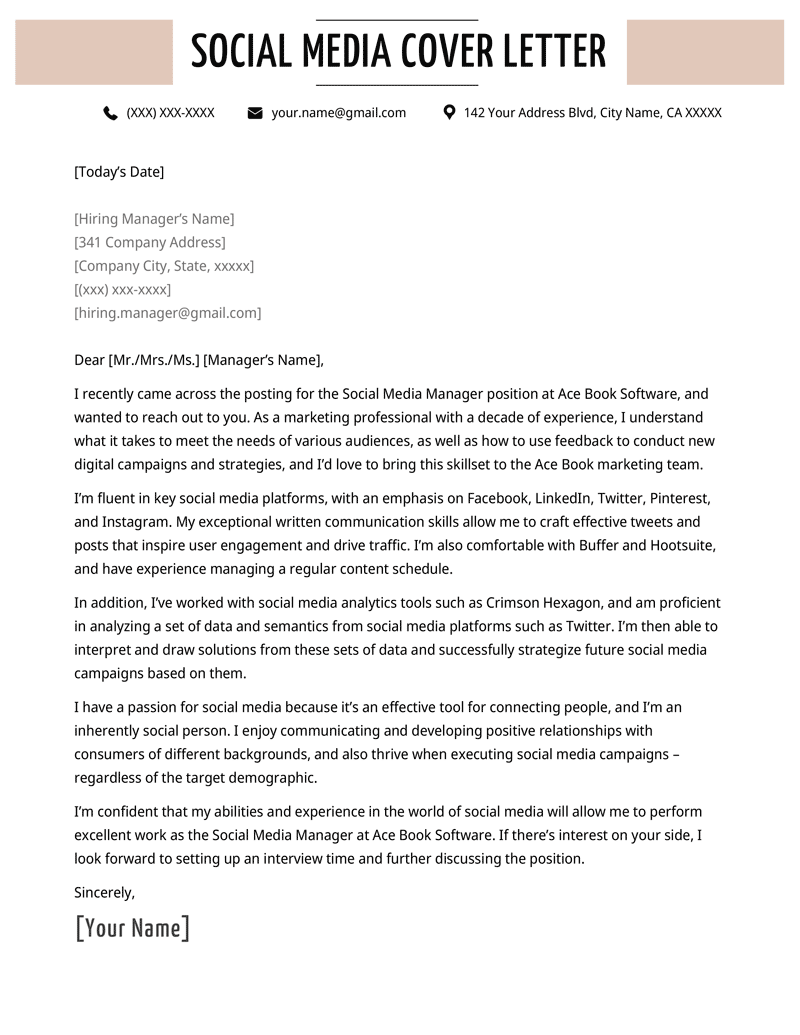 Social Media Cover Letter Example & Writing Tips | Resume Genius