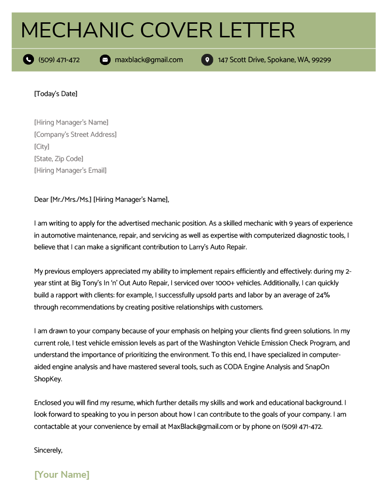 Mechanic Cover Letter Sample [Free Download] | Resume Genius