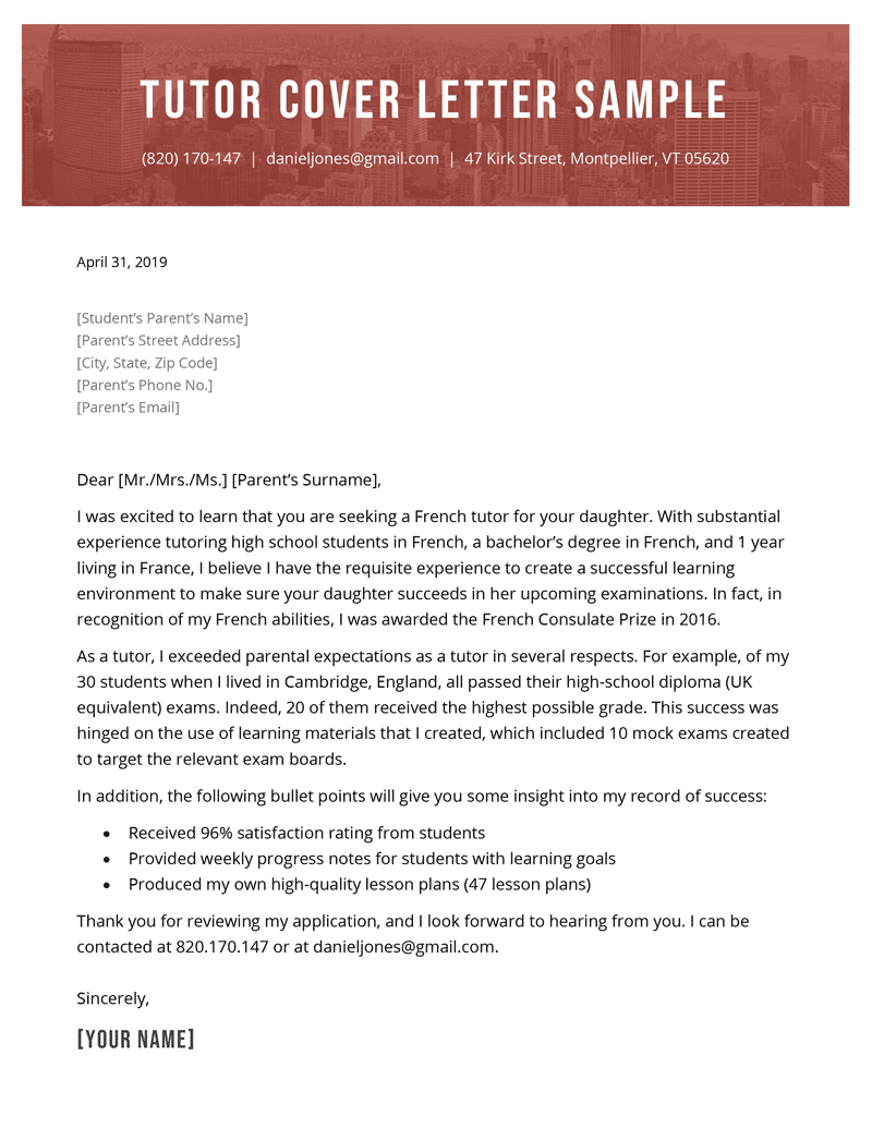 Tutor Cover Letter (Free Downloadable Sample)
