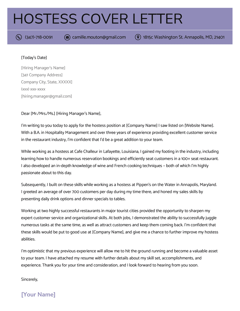 Hospitality Cover Letter Example (Hotel Front Desk)