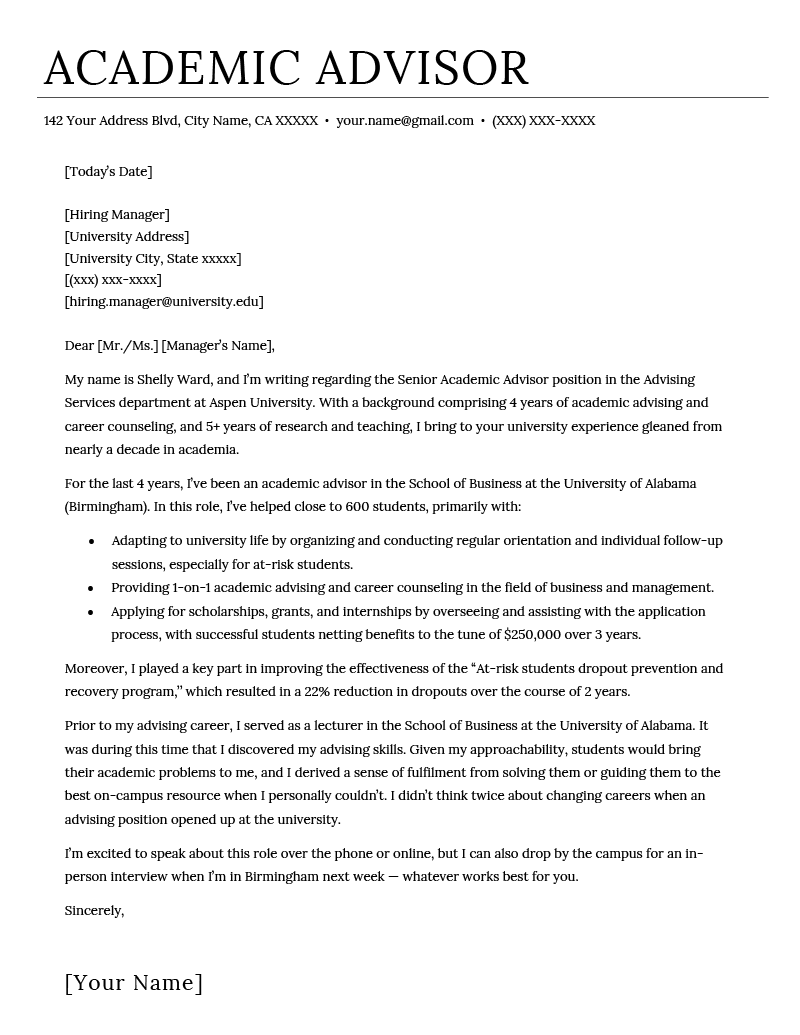 Academic Advisor Cover Letter Example and Skills List (2025)