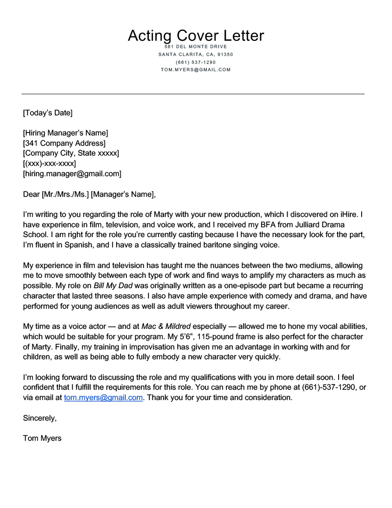 Acting Cover Letter Example & Tips