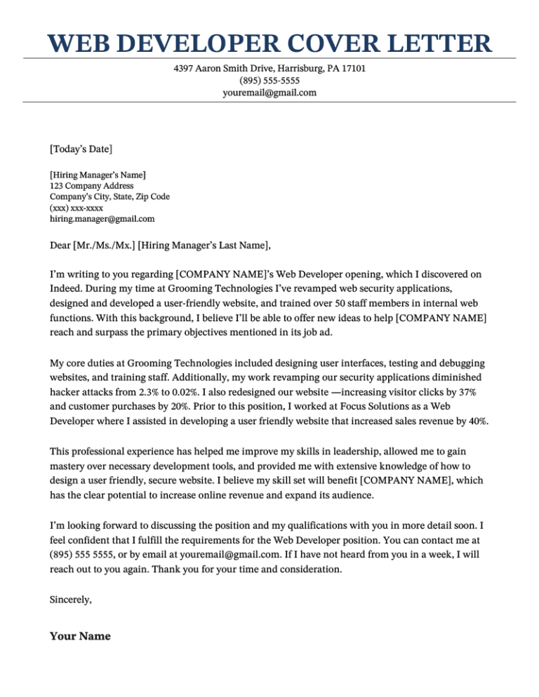 Web Developer Cover Letter Example Writing Tips 