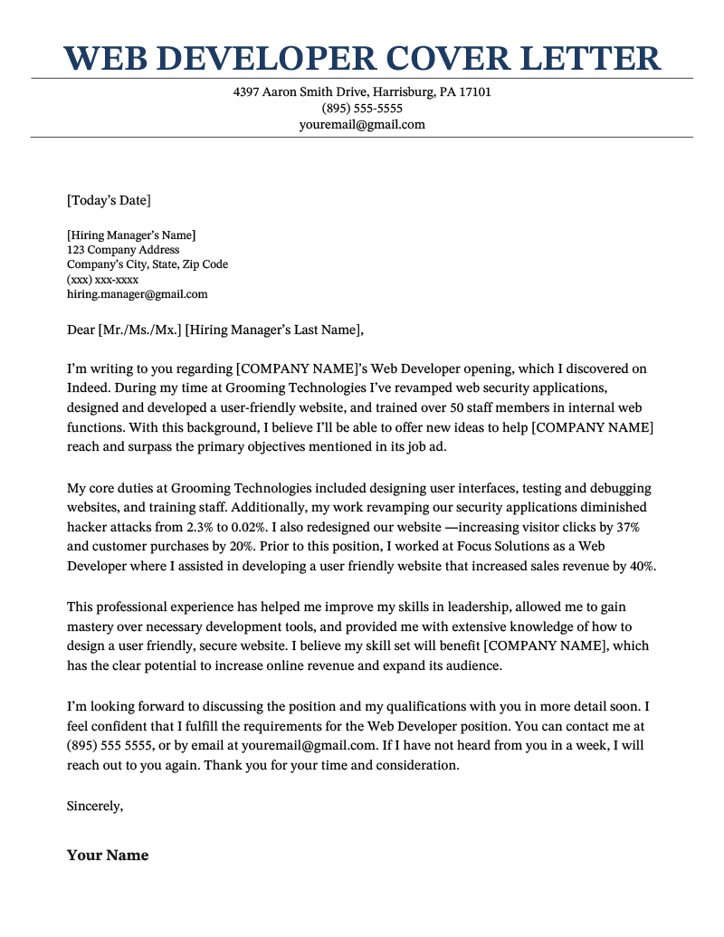 Web Developer Cover Letter (Example & Writing Tips)