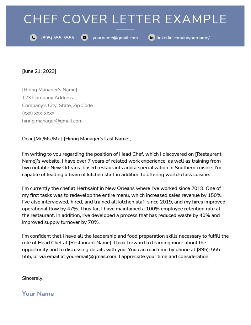 Chef Cover Letter Samples My Cover Letter