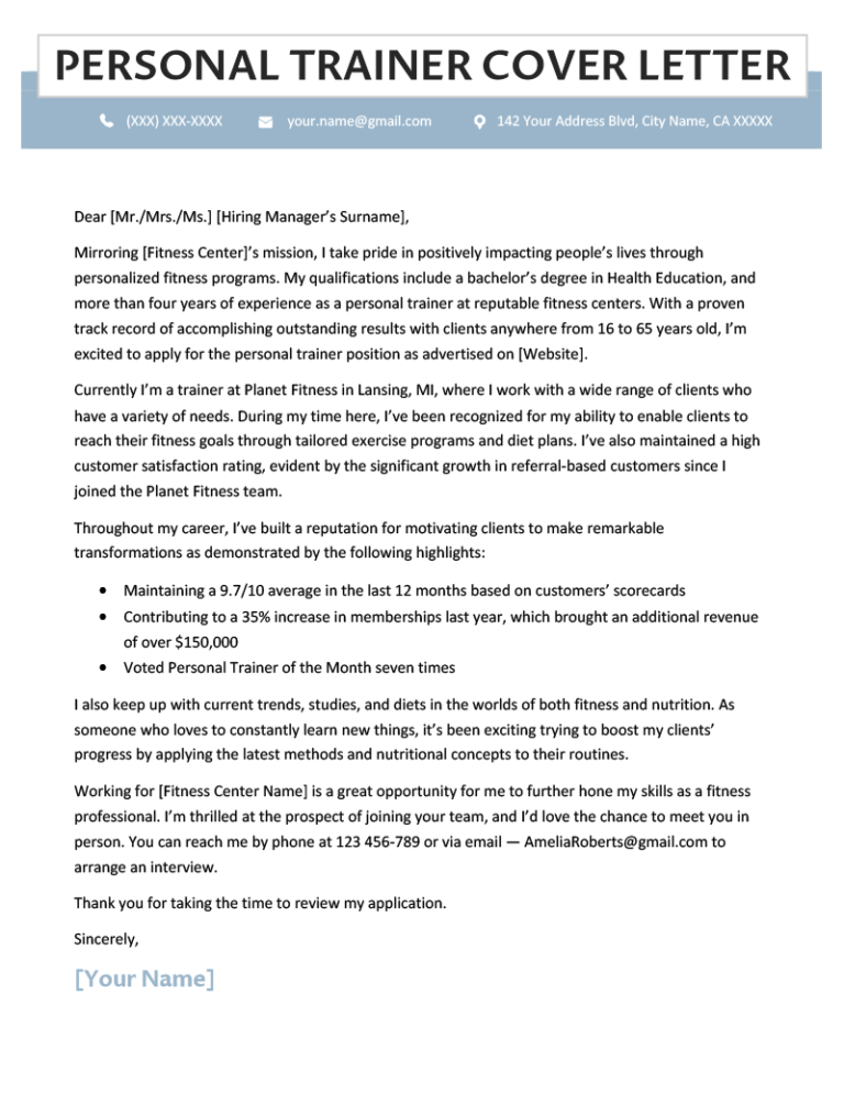 Personal Trainer Cover Letter Example | Resume Genius