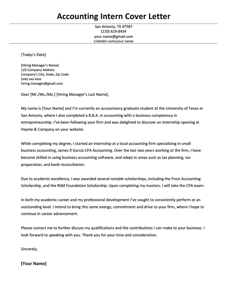 Accounting Intern Cover Letter (Free Sample & Tips)