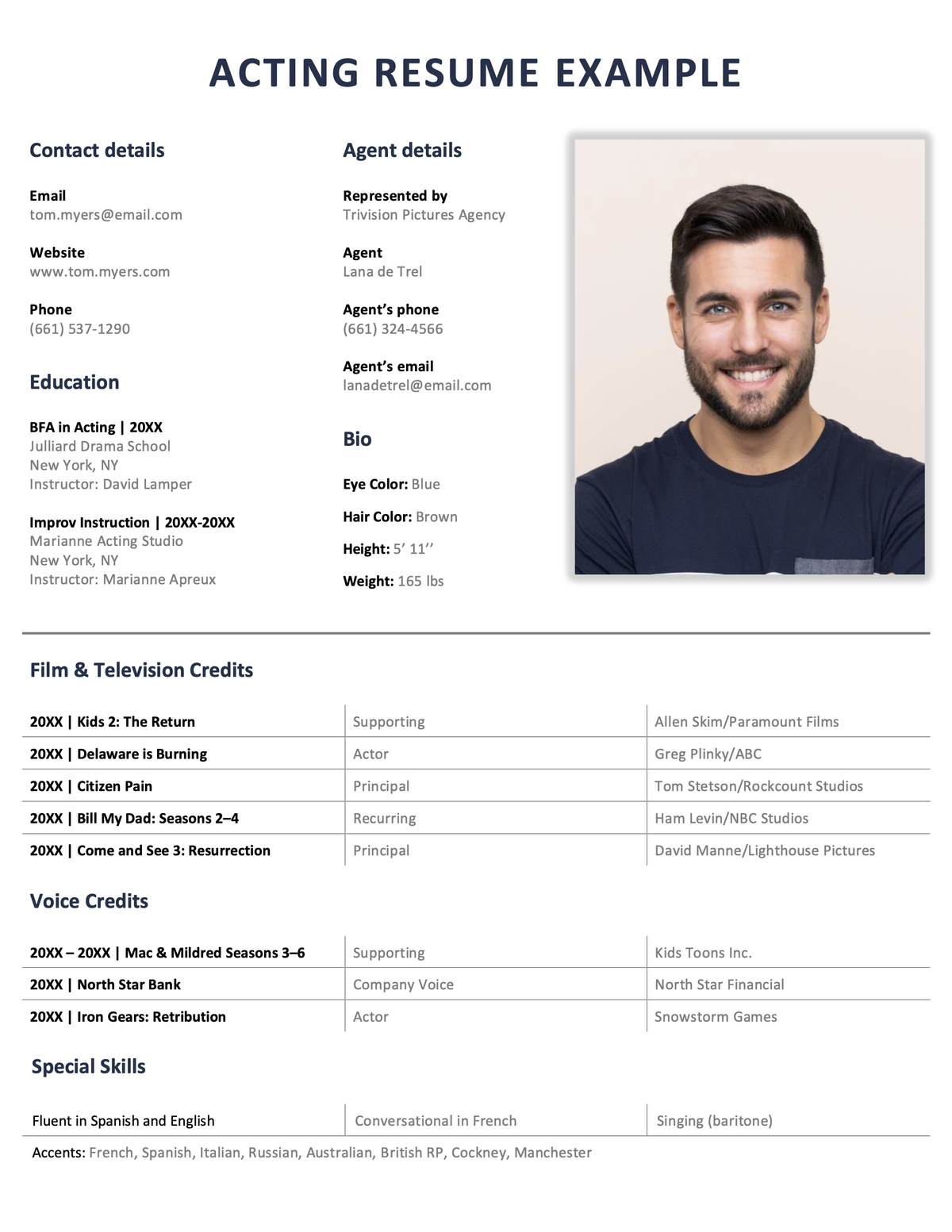 Actor Resume Example Free Blue Audition Beginner Actor Resume Template