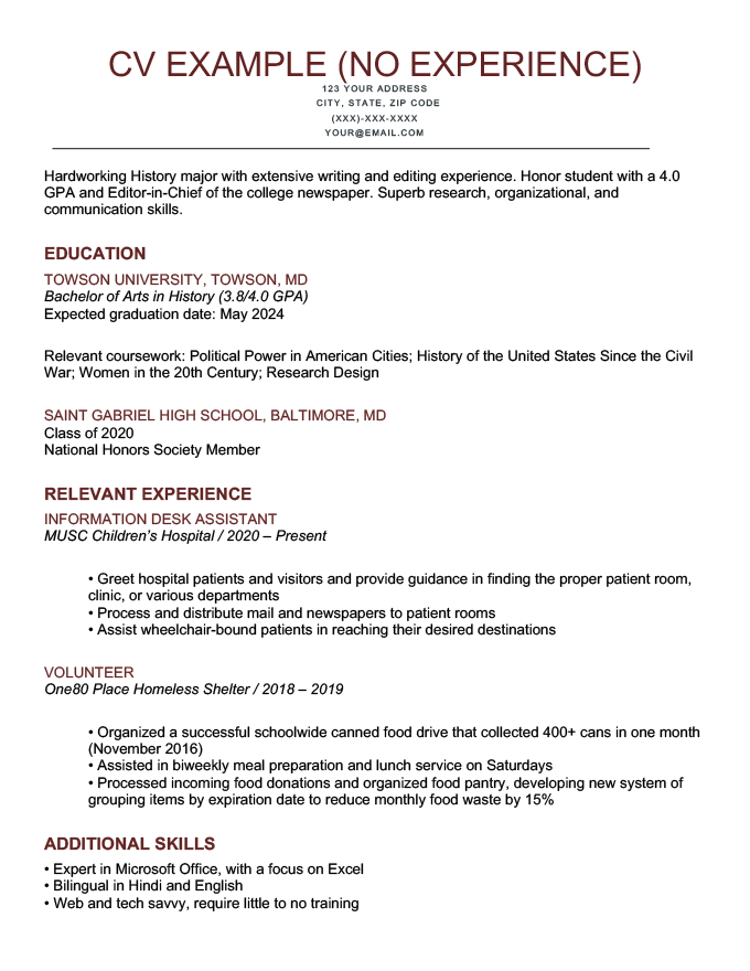 Profile Examples For Cv With No Experience