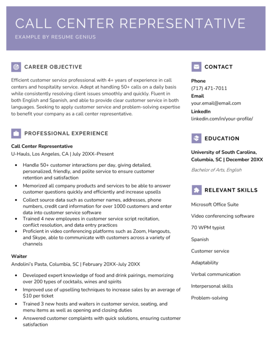 Call Center Resume Examples, Template, & Writing Guide