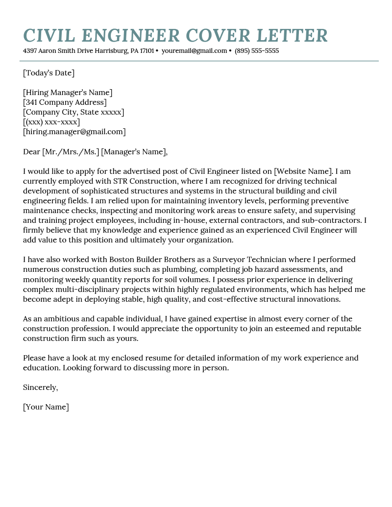 Civil Engineering Internship Cover Letter