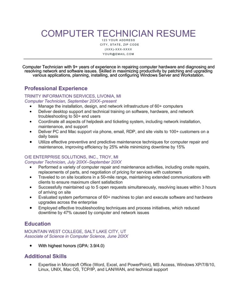 Computer Technician Resume Sample Tips Resume Genius