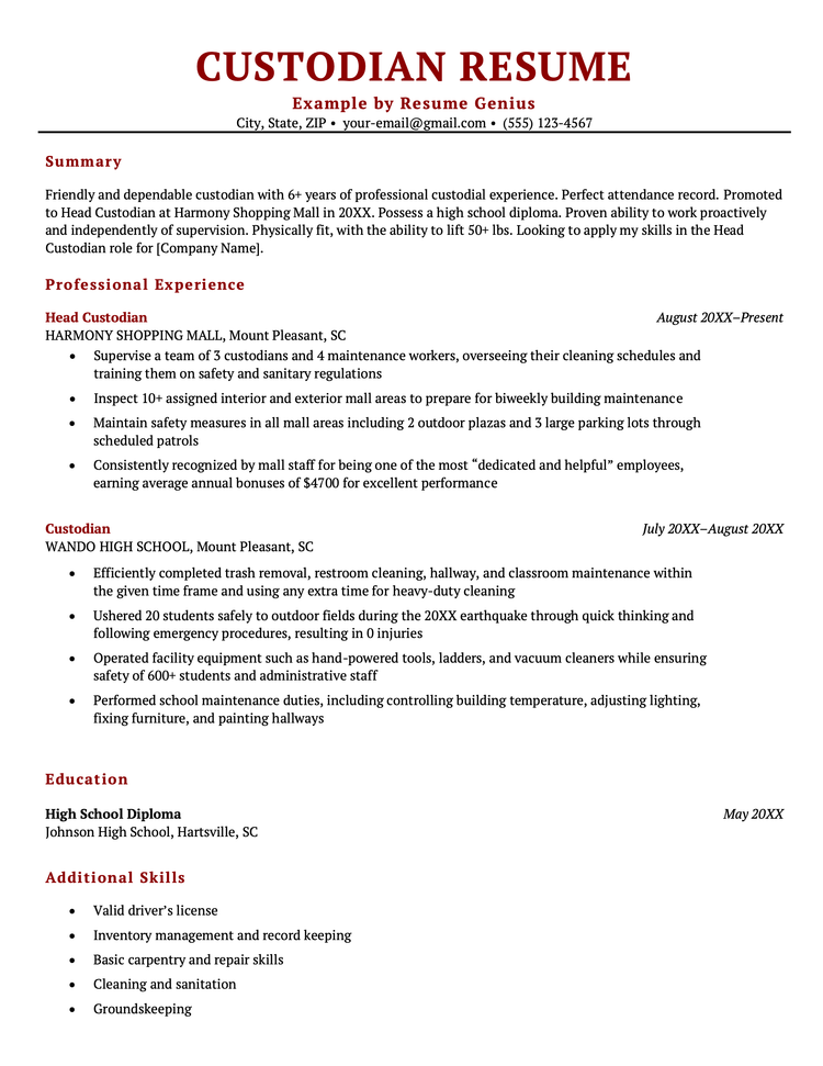 6 Custodian Resume Examples, Template, & Writing Tips