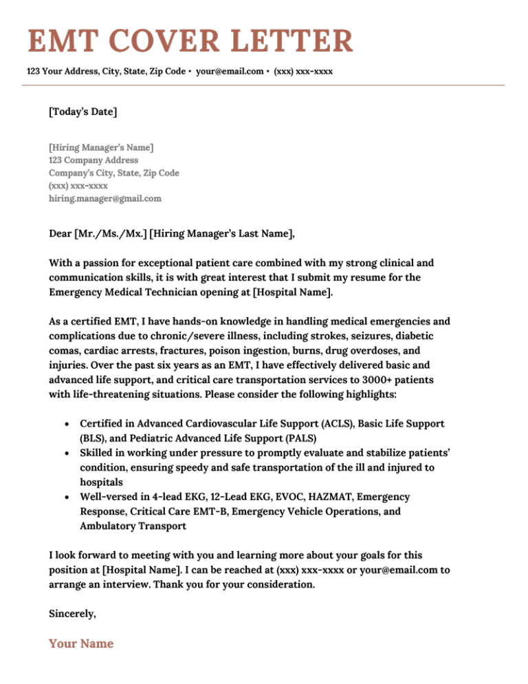 Emergency Medical Technician (EMT) Cover Letter Example