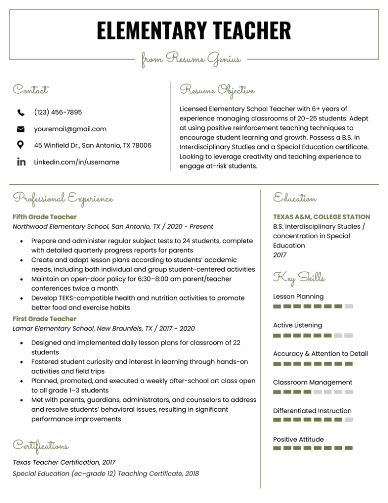 Elementary Education Resume Template ESL Teacher Resume Sample