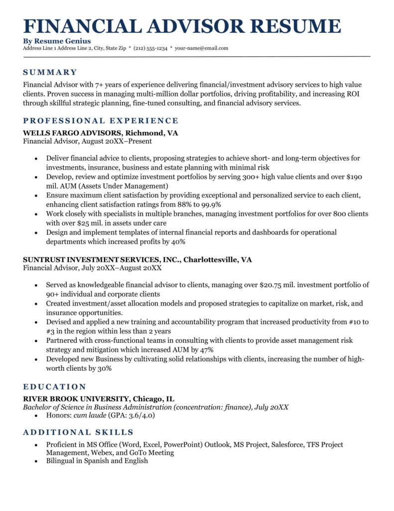 Financial Advisor Resume Sample Writing Tips 