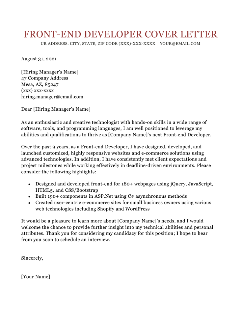 Project Manager Cover Letter Template