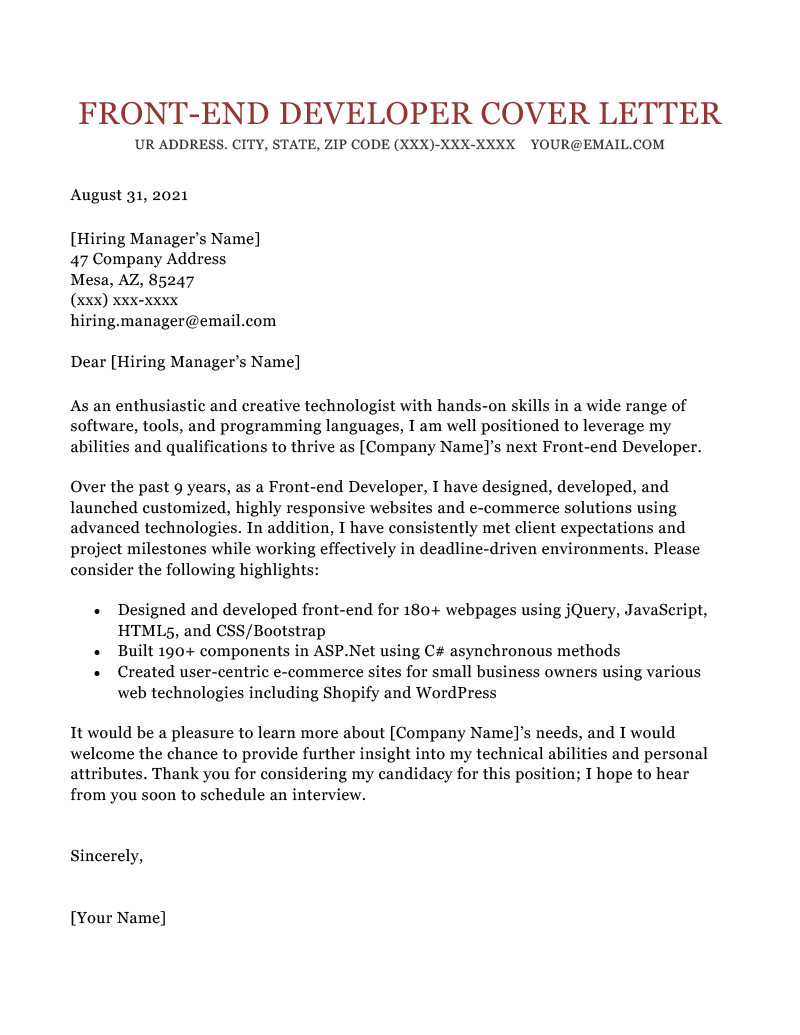 Web Developer Cover Letter (Example & Writing Tips)