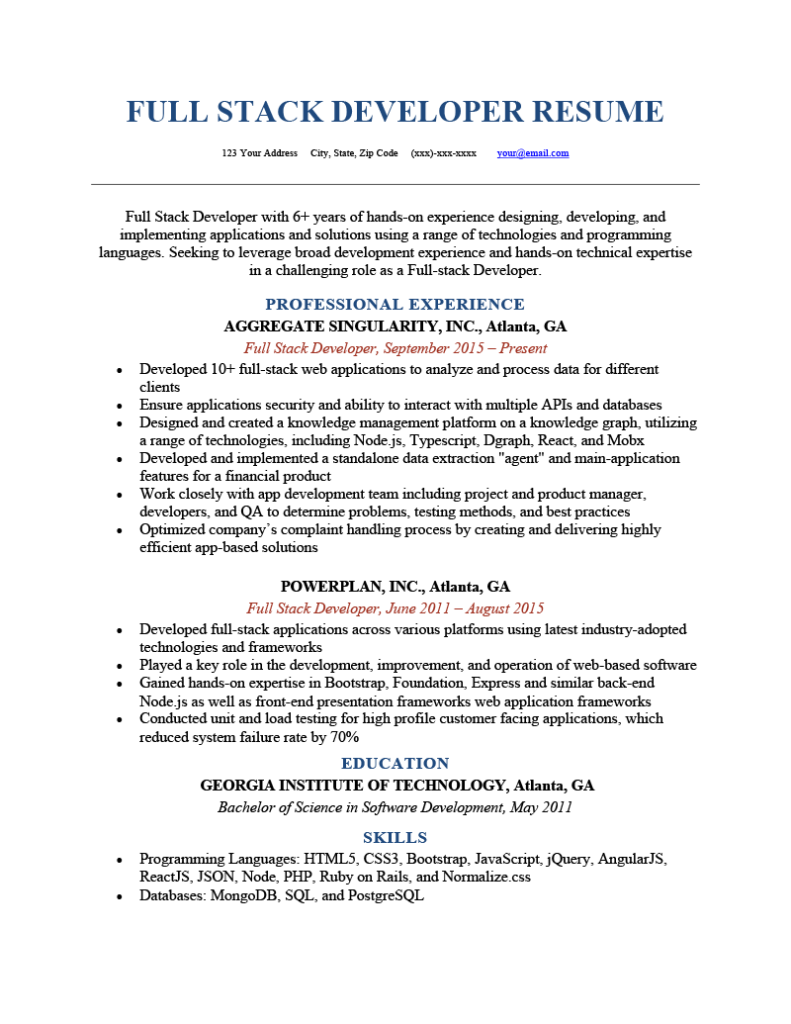 Full Stack Developer Resume | Example & Writing Tips Full Stack Developer Resume | Example & Writing Tips