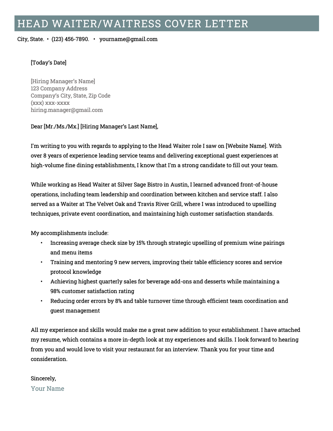 3 Waiter/Waitress Cover Letter Examples & Tips