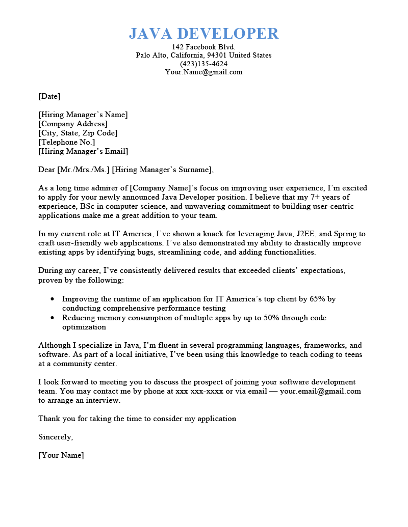 Full Stack Developer Cover Letter Example