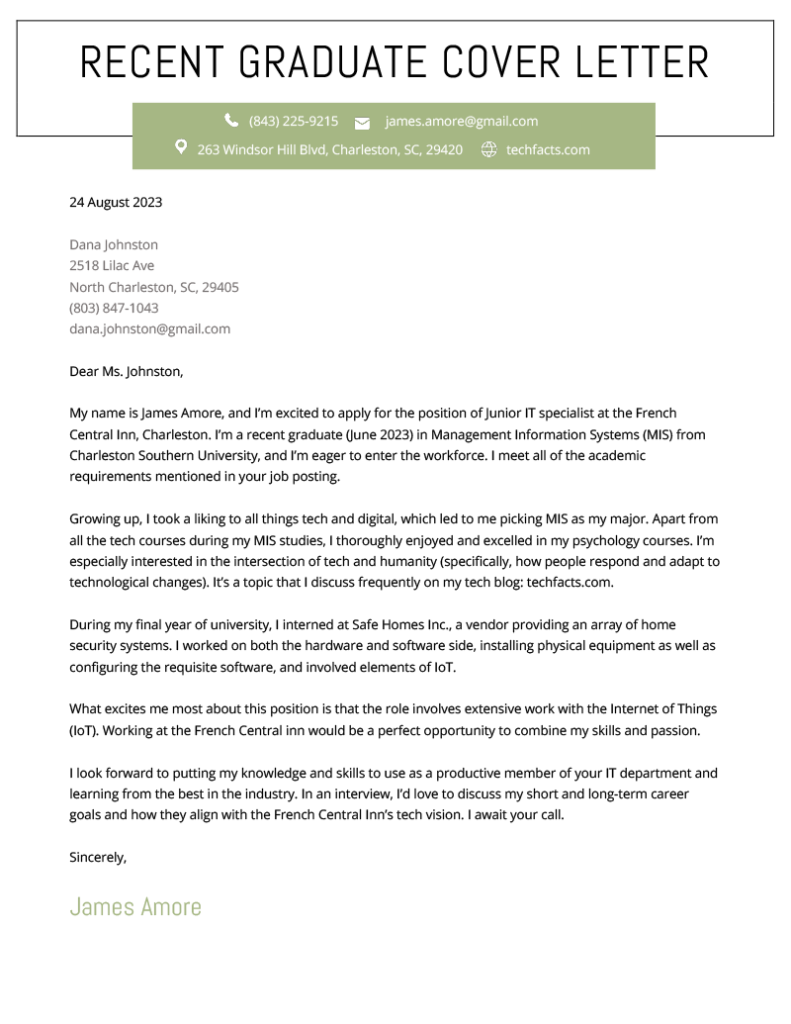 Recent Graduate Cover Letter Example Writing Tips