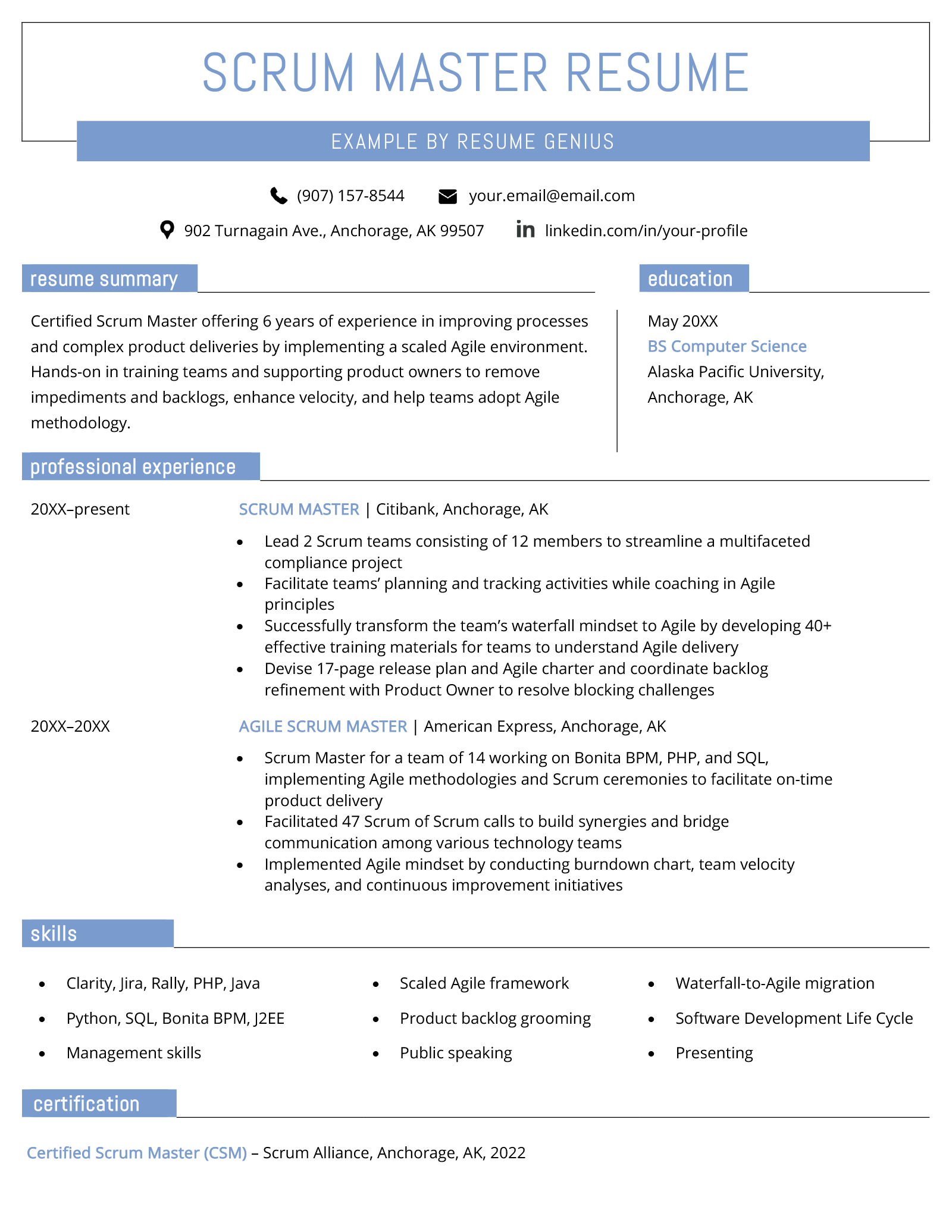 Scrum Master Resume Sample Writing Tips Resume Genius