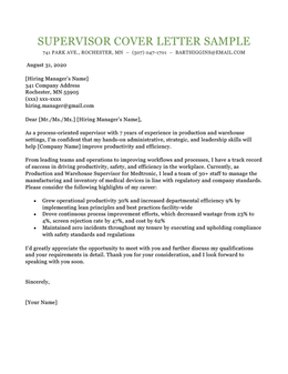 Supervisor Cover Letter Sample To Download Resume Genius