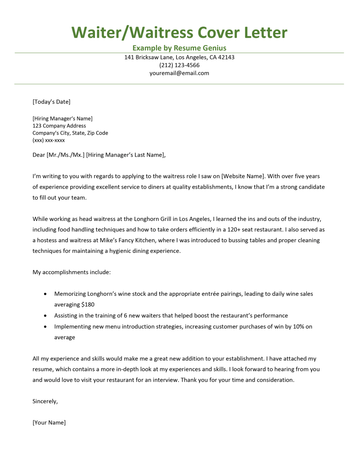 Restaurant Cover Letter - Example & Downloadable Template
