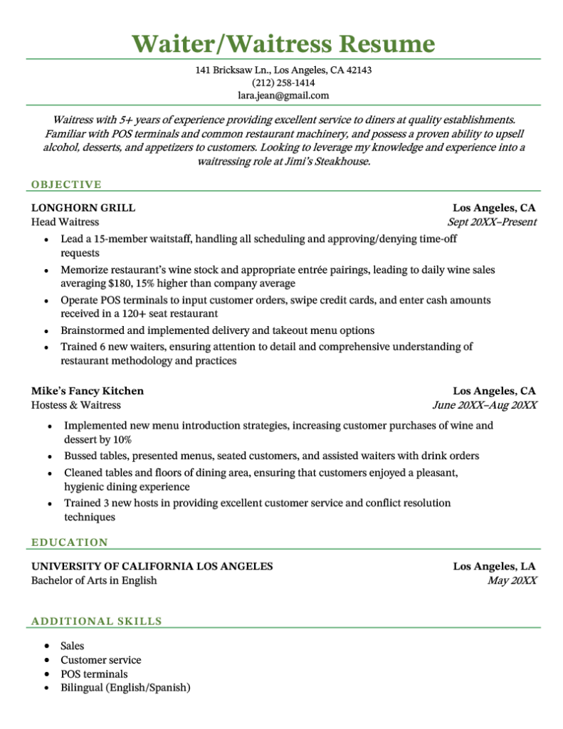 21 Waiter/Waitress Resume Examples (All Major Wait Staff Roles)