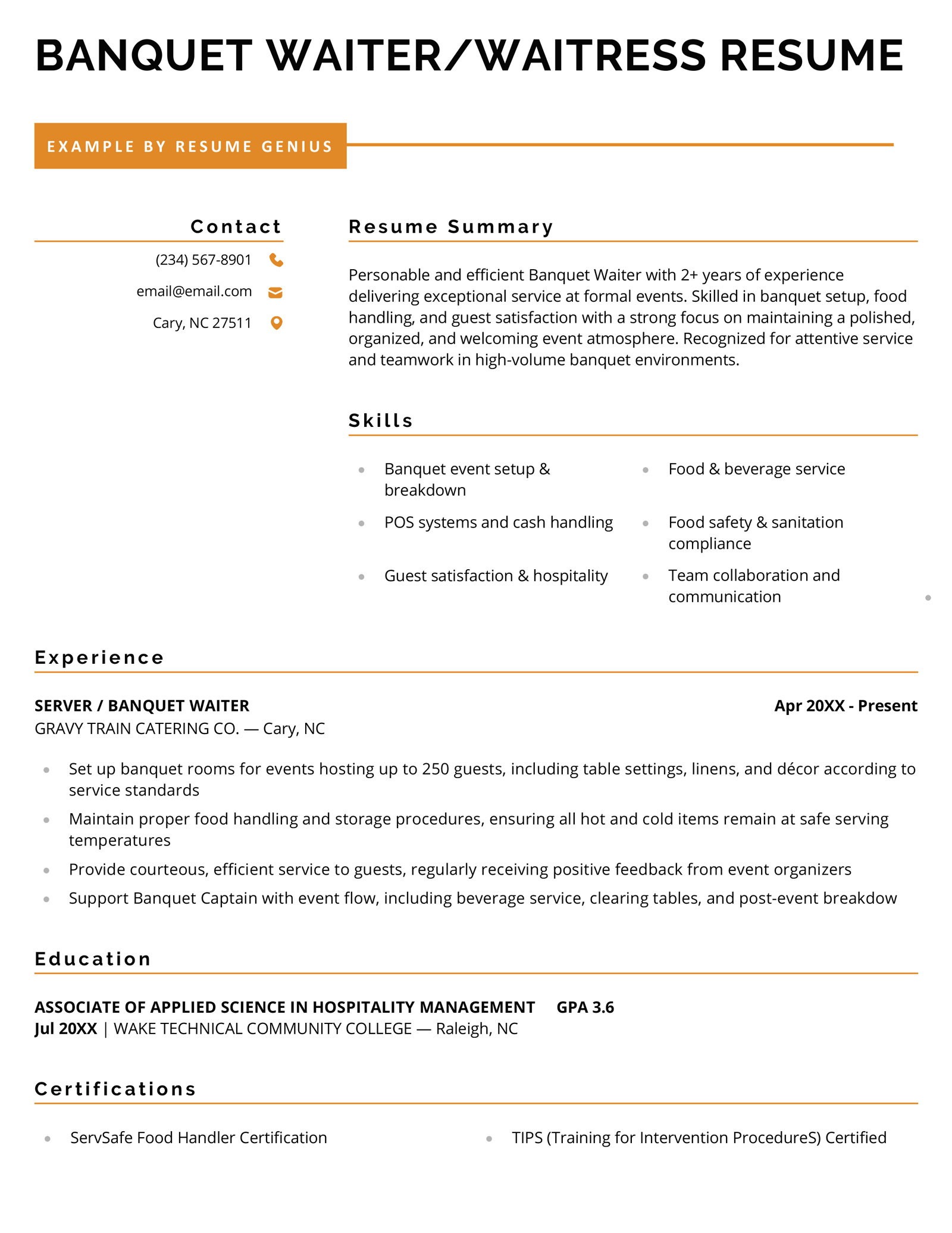 21 Waiter/Waitress Resume Examples (All Major Wait Staff Roles)