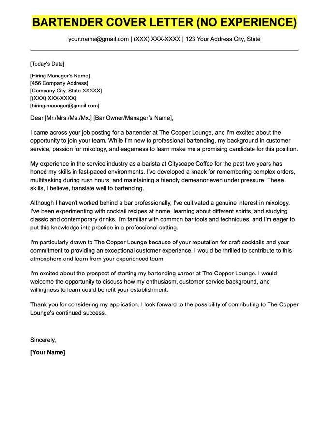 Bartender Cover Letter (Sample & Writing Tips)