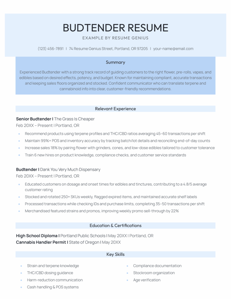 3 Budtender Resume Examples for 2026 (+Template)