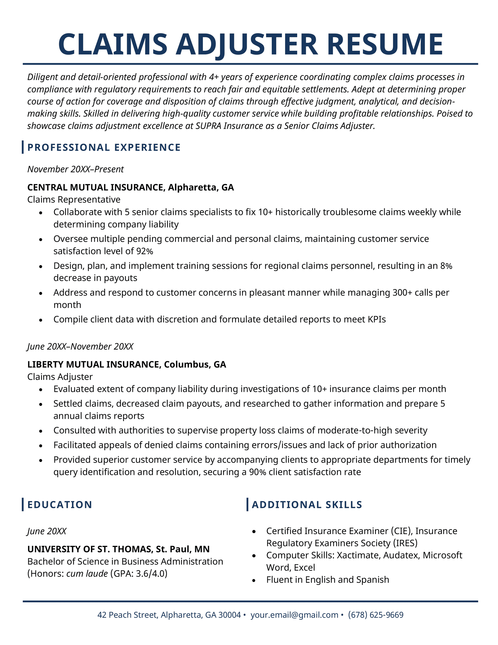 Claims Adjuster Resume Example Tips Resume Genius
