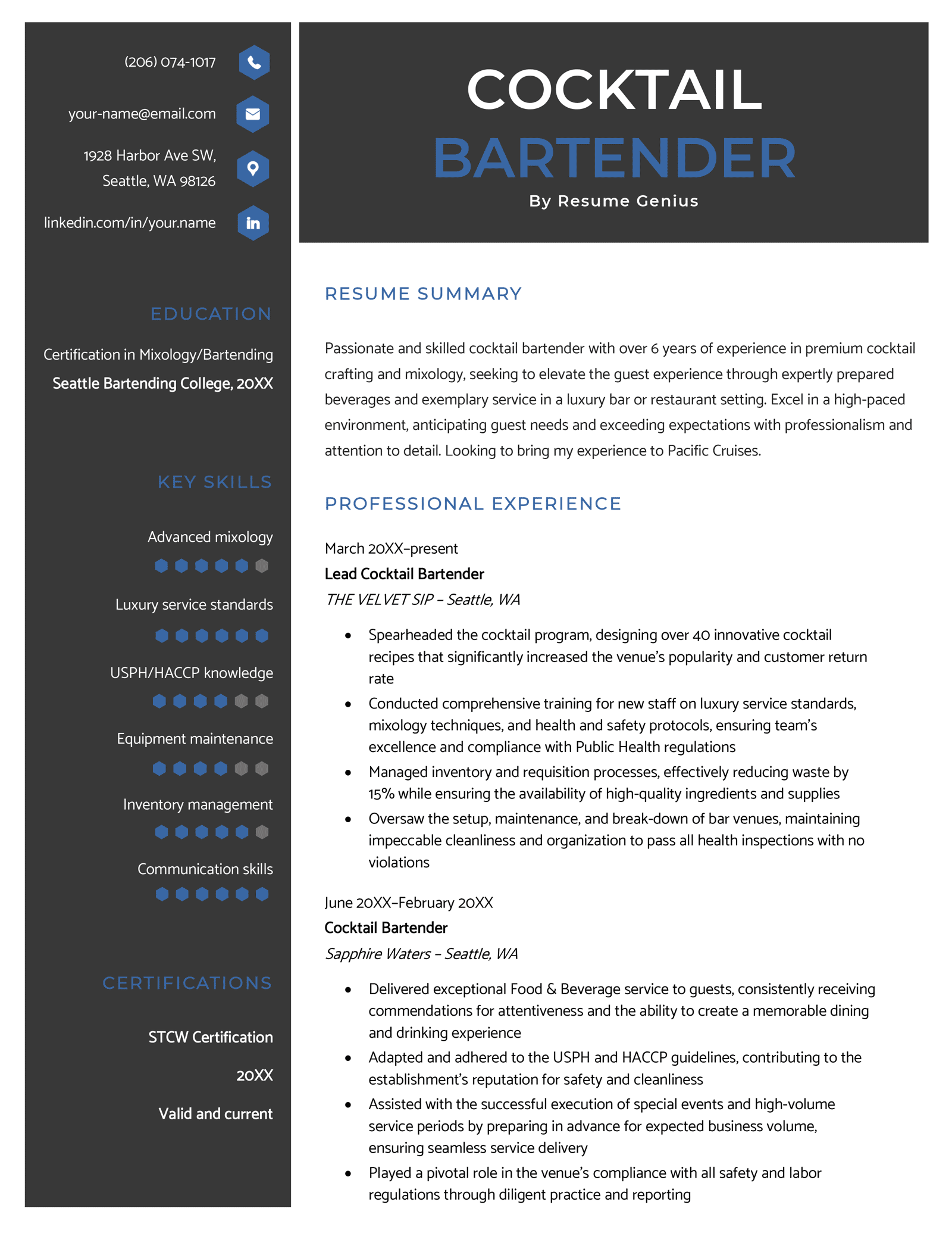 9 Bartender Resume Examples (with Writing Tips)