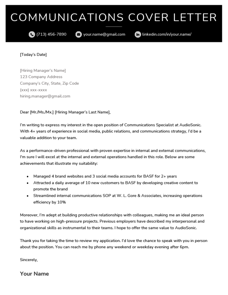 Communications Cover Letter - Examples, Template, & Tips