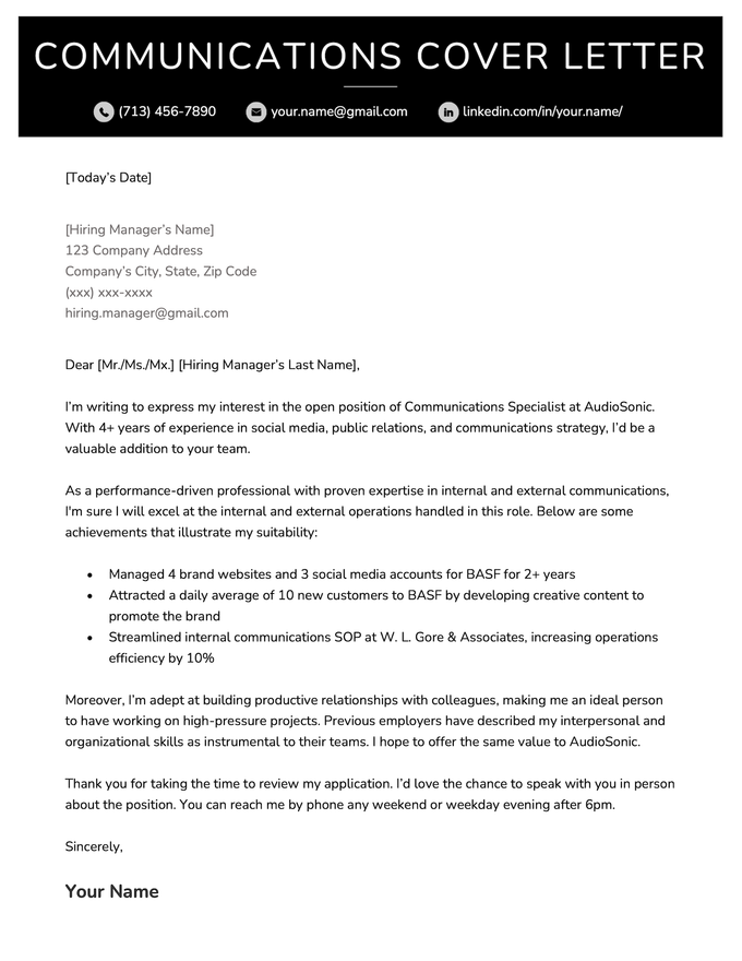 Communications Cover Letter - Examples, Template, & Tips