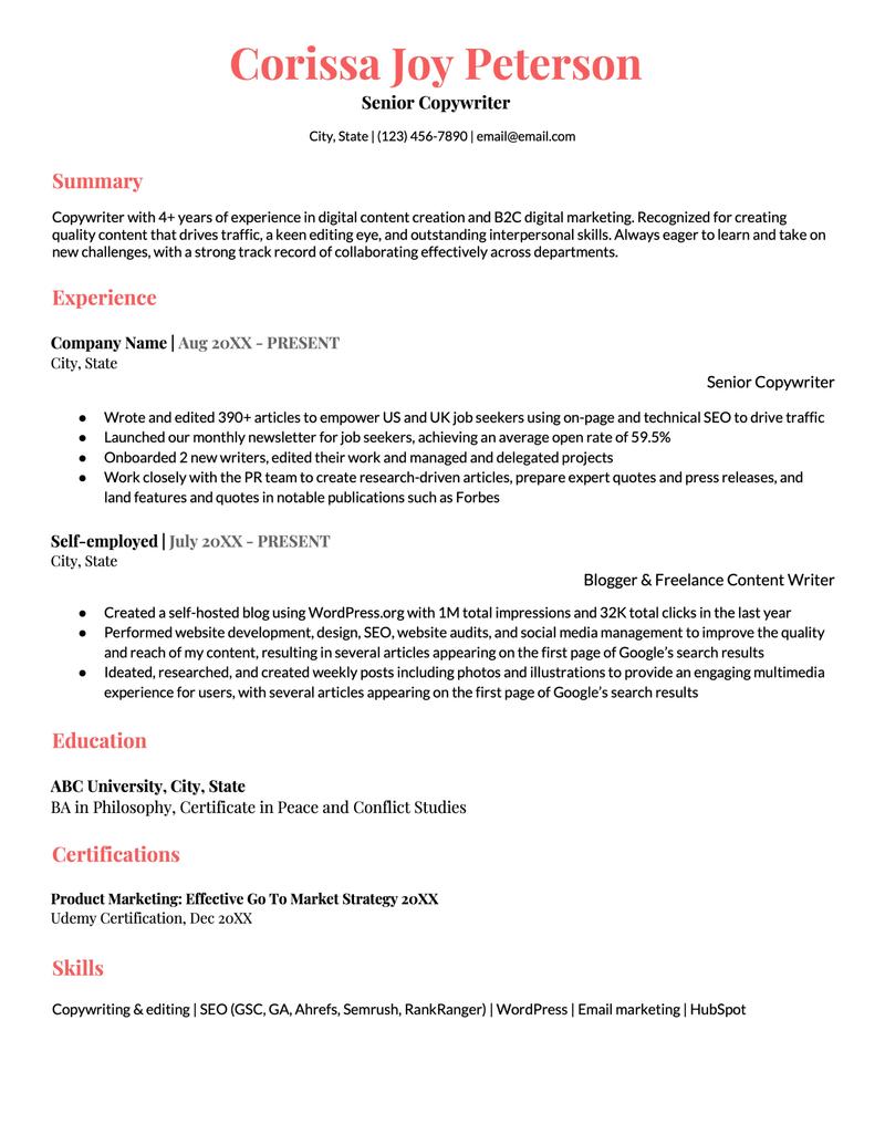 Copywriter Resume (Example + Writing Tips)