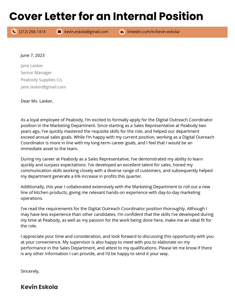 Cover Letter For Internal Position Promotion Examples