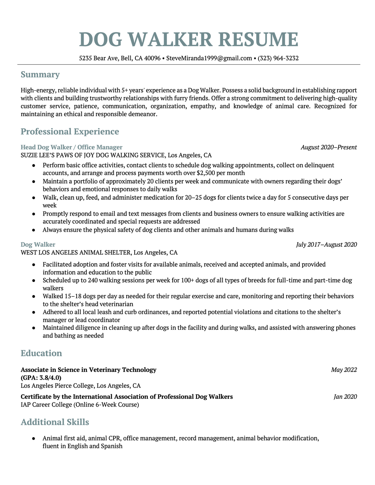 Dog Walker Resume - Example & Template (Free Download)