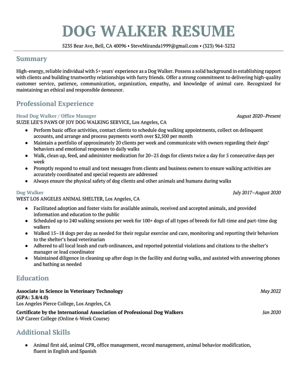 Dog Walker Resume - Example & Template (Free Download)
