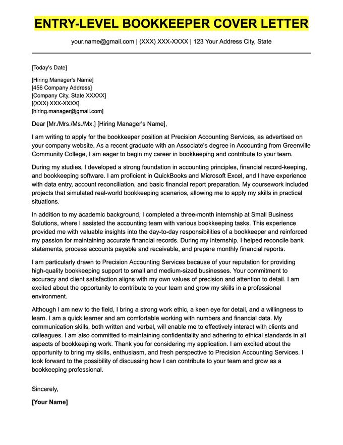 Bookkeeper Cover Letter Example & Skills