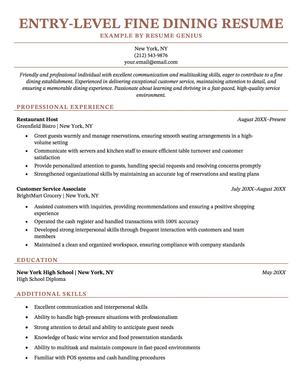 Fine Dining Resume - Example for Free Download
