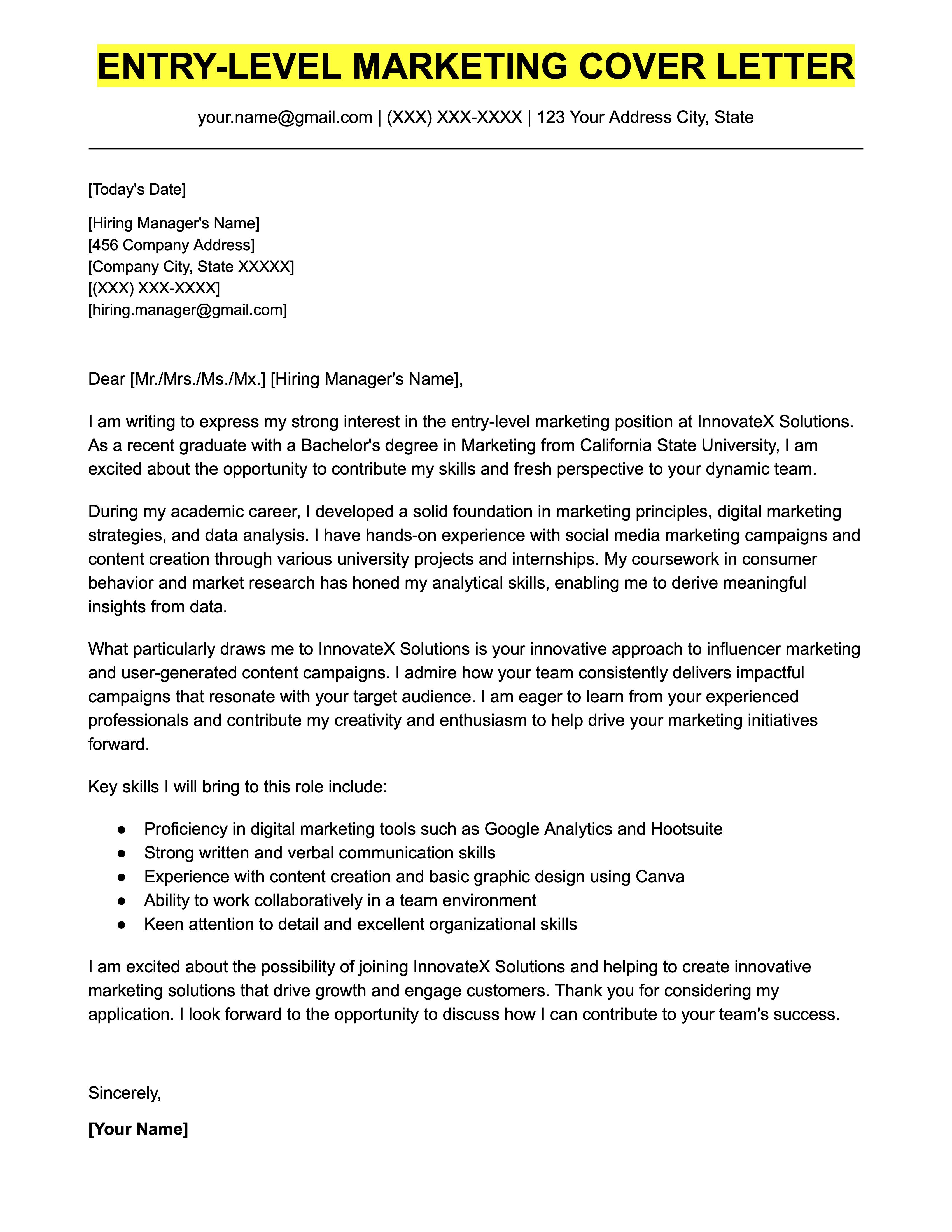 Marketing Cover Letter Example and Template