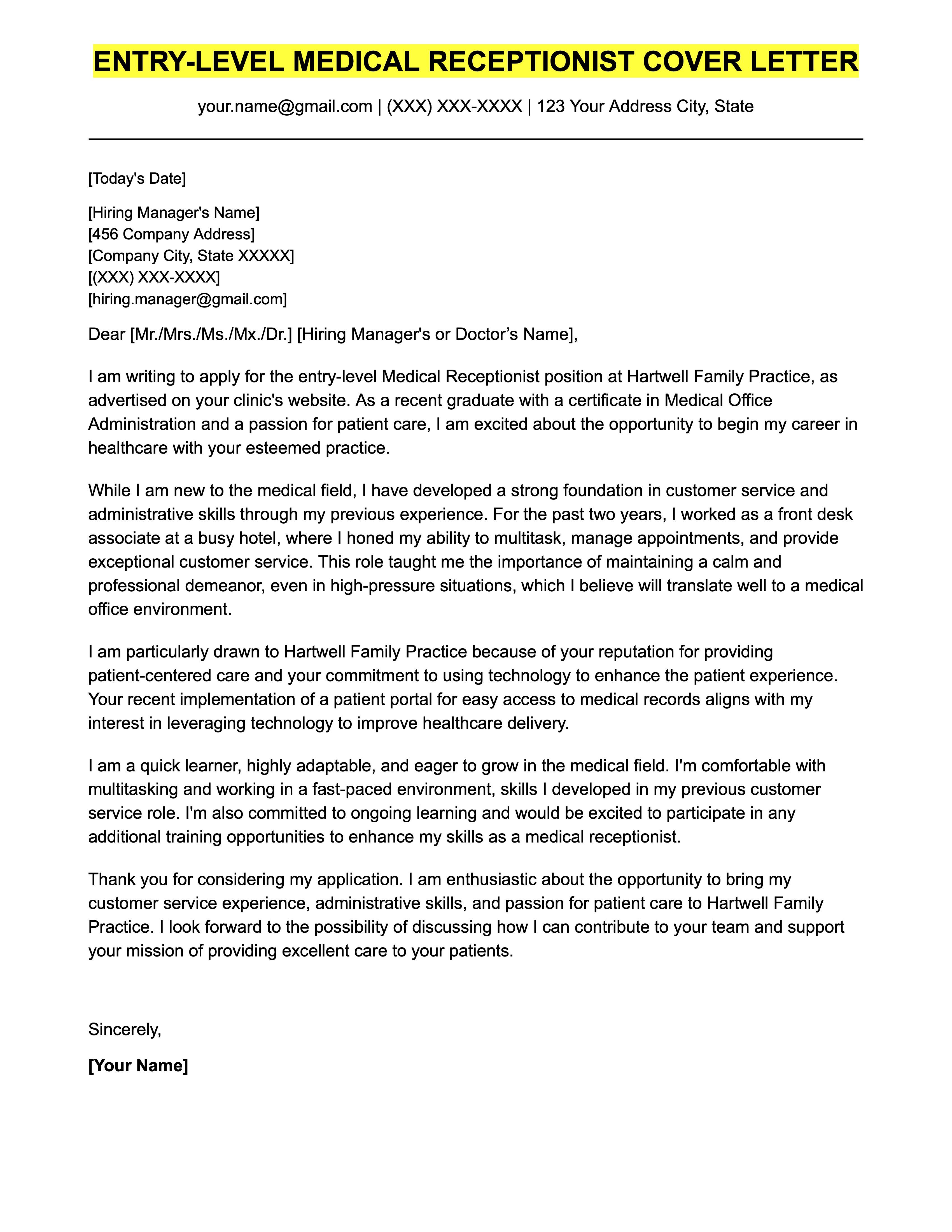 Medical receptionist cover letter store