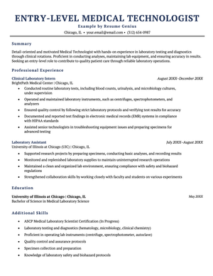 Medical Technologist Resume - Samples & Tips