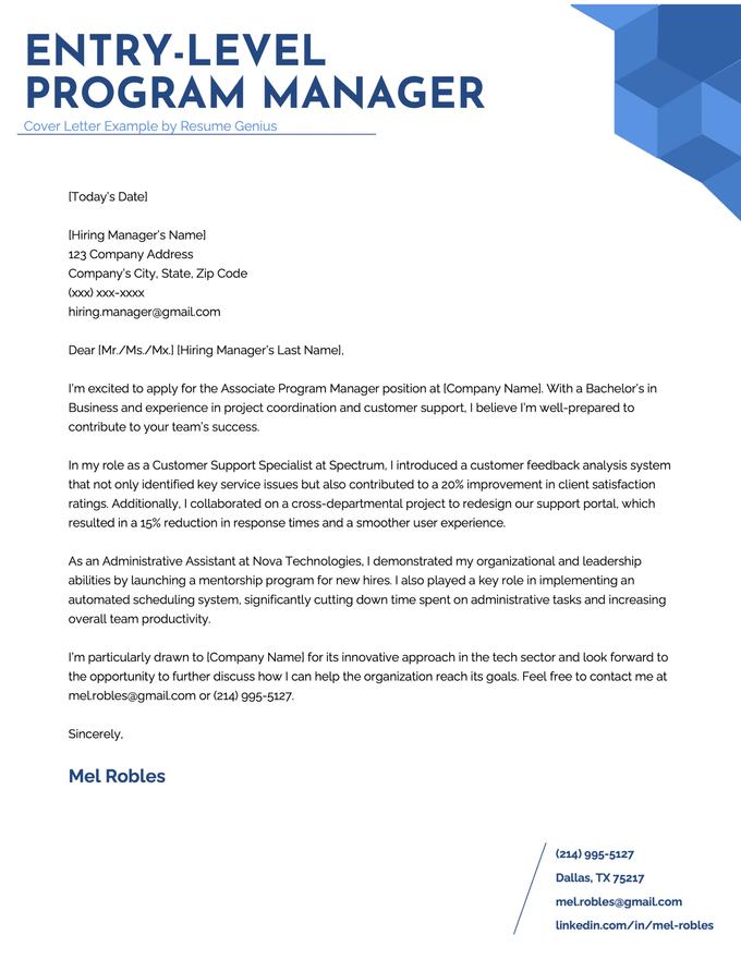 Program Manager Cover Letter | Samples by Resume Genius